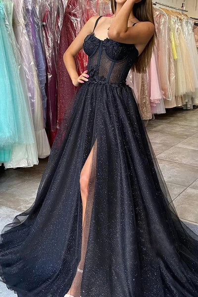 A-line Sweetheart Black Tulle Long Prom Dress With Slit,WP388 – winkbridal