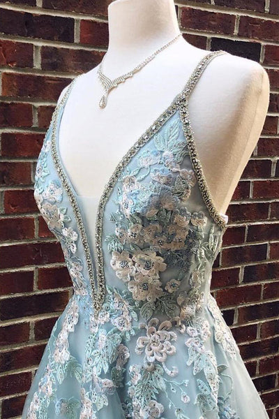 A-line V Neck Tulle Prom Dress With Floral Embroidery,WP129 – winkbridal