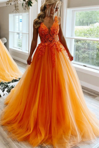 Orange Tulle Floral Appliques Prom Dresses Evening Gowns,WQ100 – winkbridal