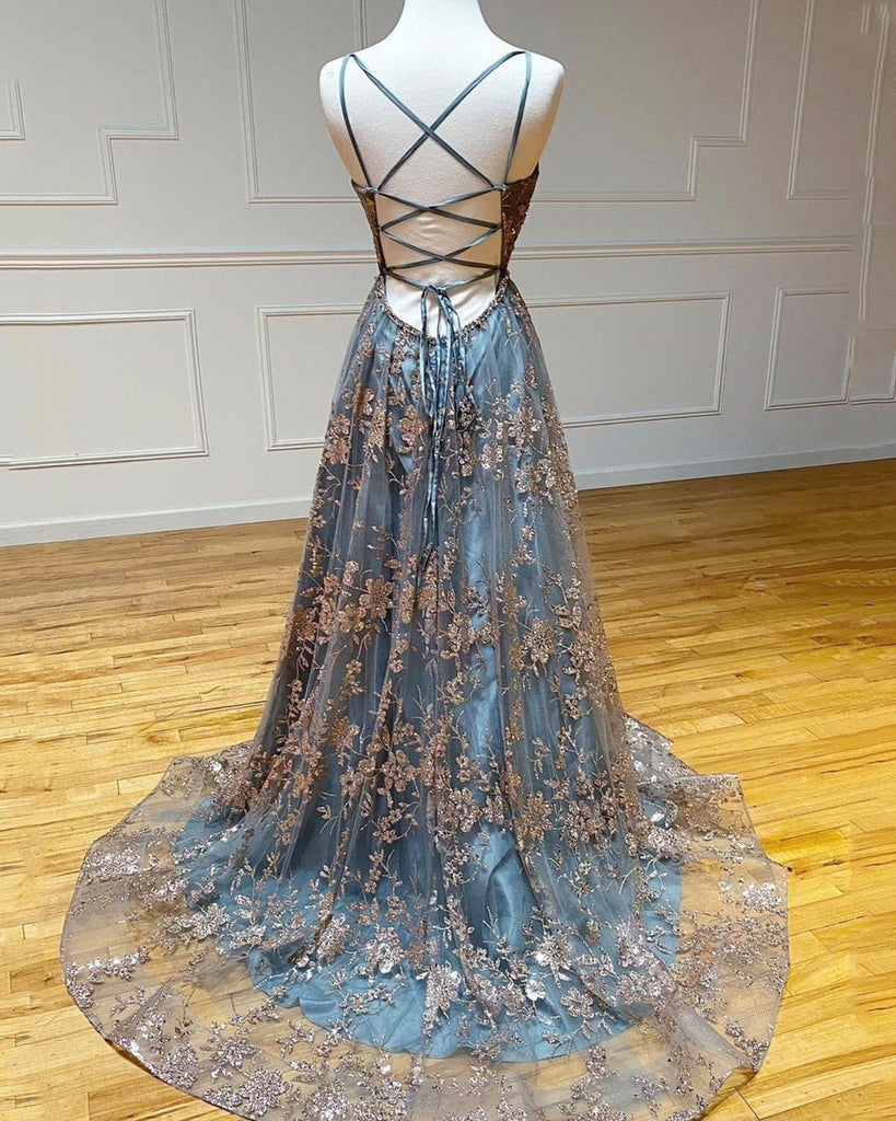 Unique A-line Tulle Grey Lace Long Prom dress With Slit,WP376 – winkbridal