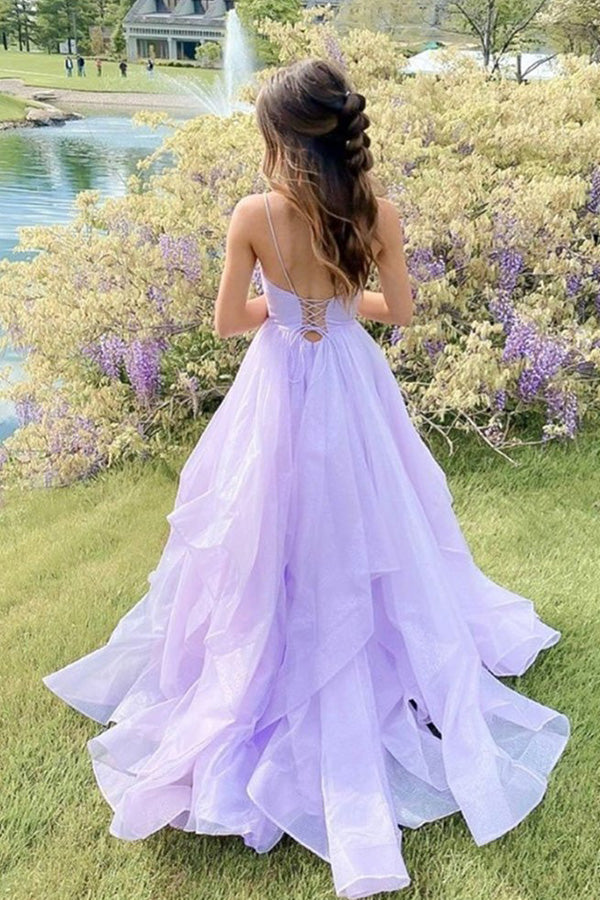 Puffy Lavender V Neck Long Prom Dress Shiny Backless Evening Dress,WP0 ...