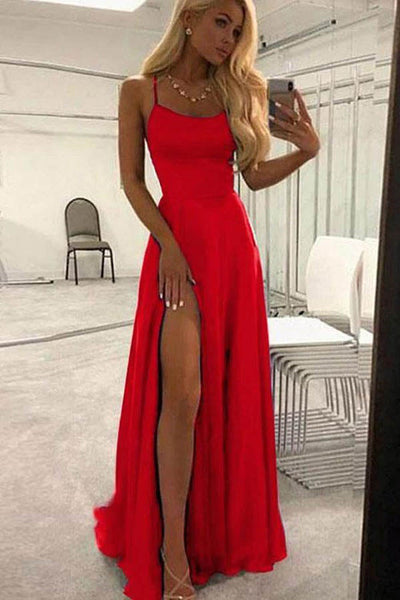 A Line Spaghetti Straps Long Satin Prom Dress With Slit,WP001 – winkbridal